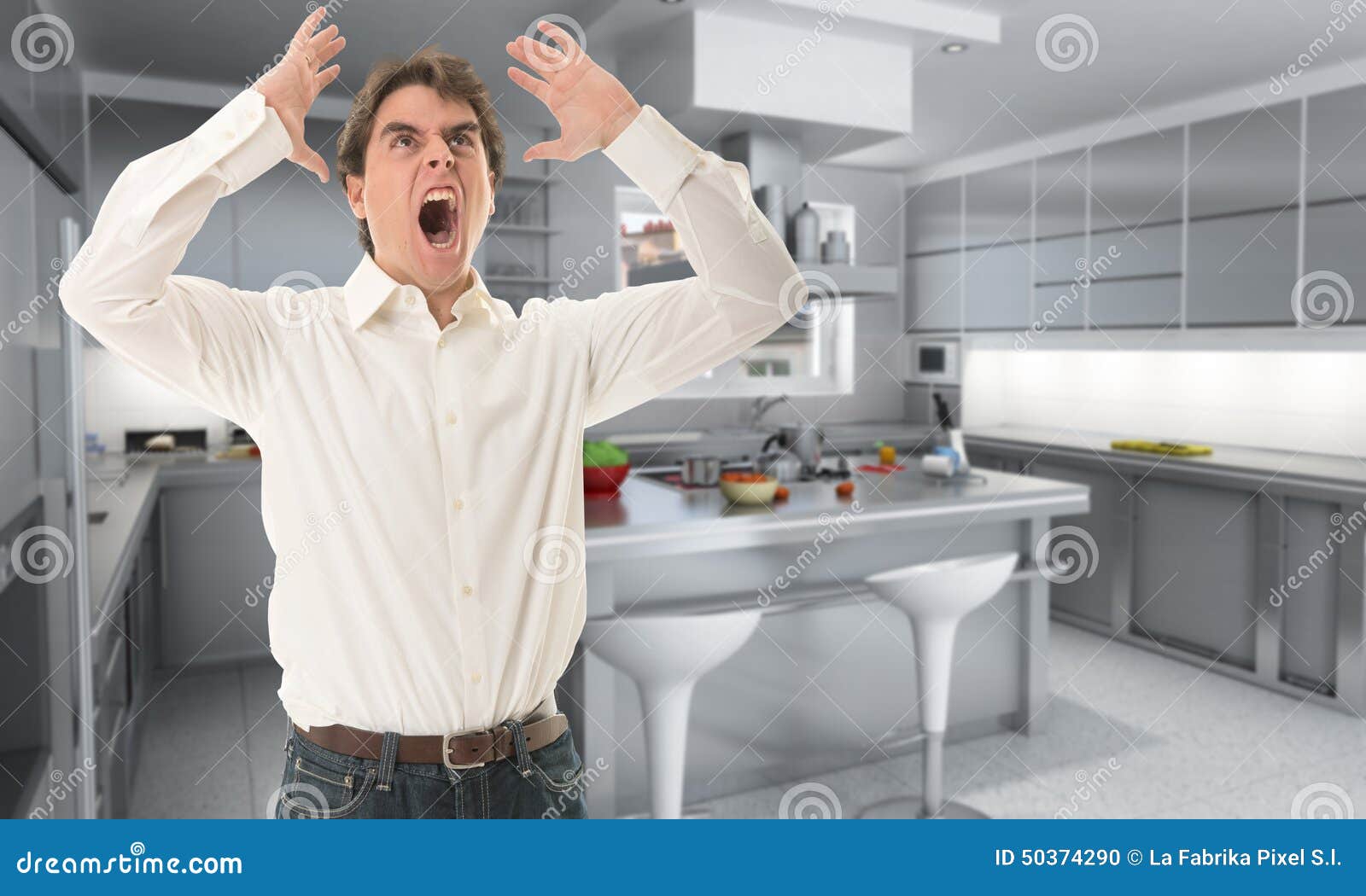 Angry man in the kitchen stock photo. Image of irritation - 50374290