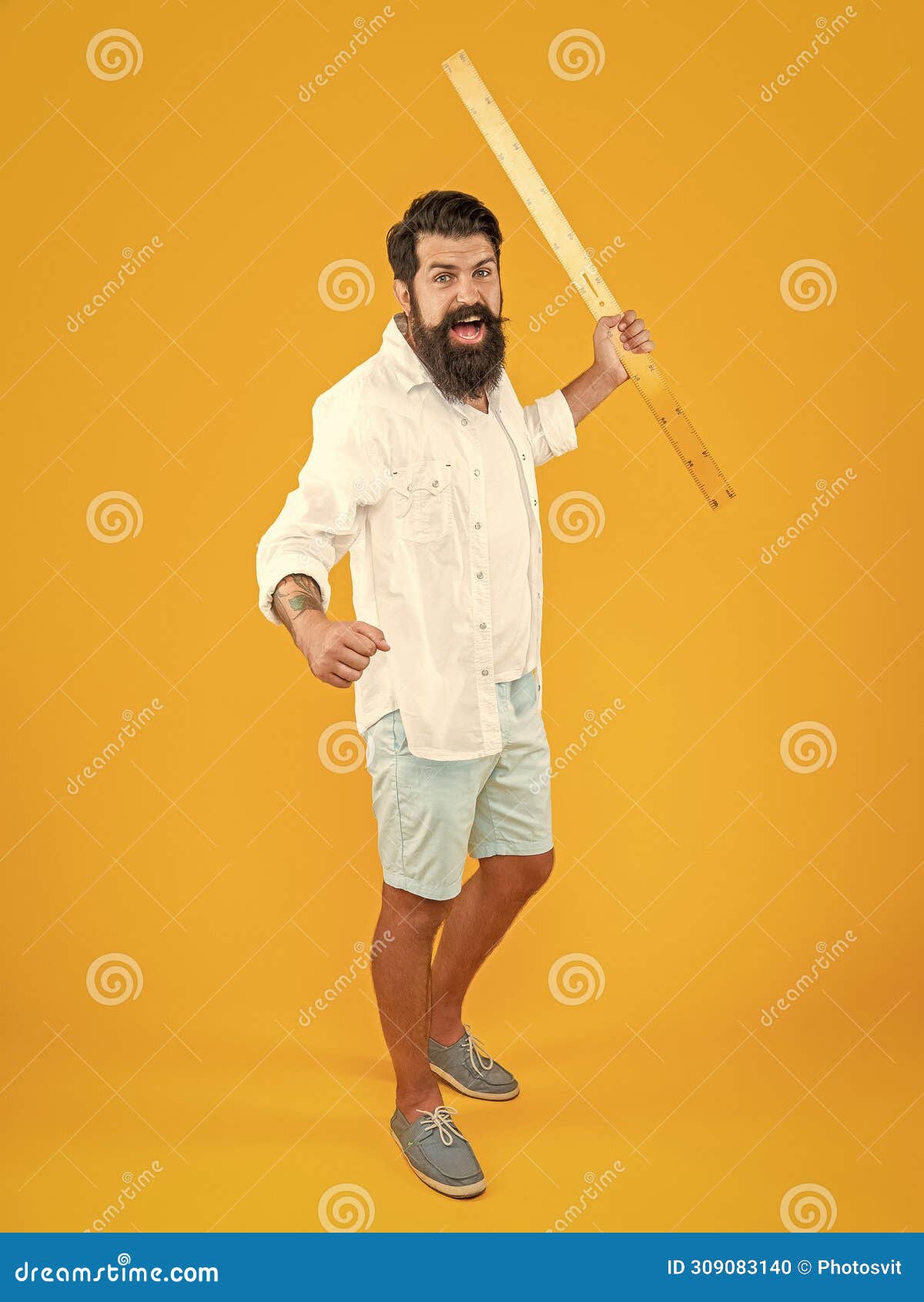Angry Man with Measuring Ruler Isolated on Yellow. Man with Measuring ...