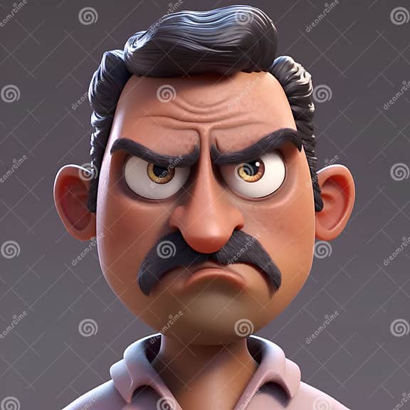 Angry Man with Mustache and Glasses, 3d Render, Square Image Stock ...
