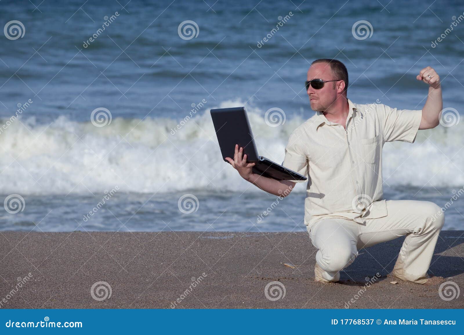 Angry Man Punching Laptop at the Beach Stock Image - Image of computer ...