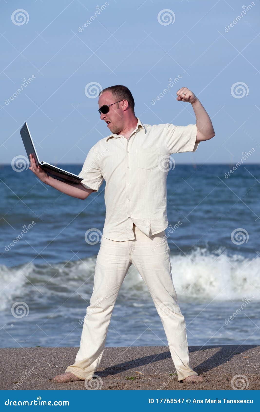 Angry Man Punching Laptop At The Beach Stock Image - Image of ...