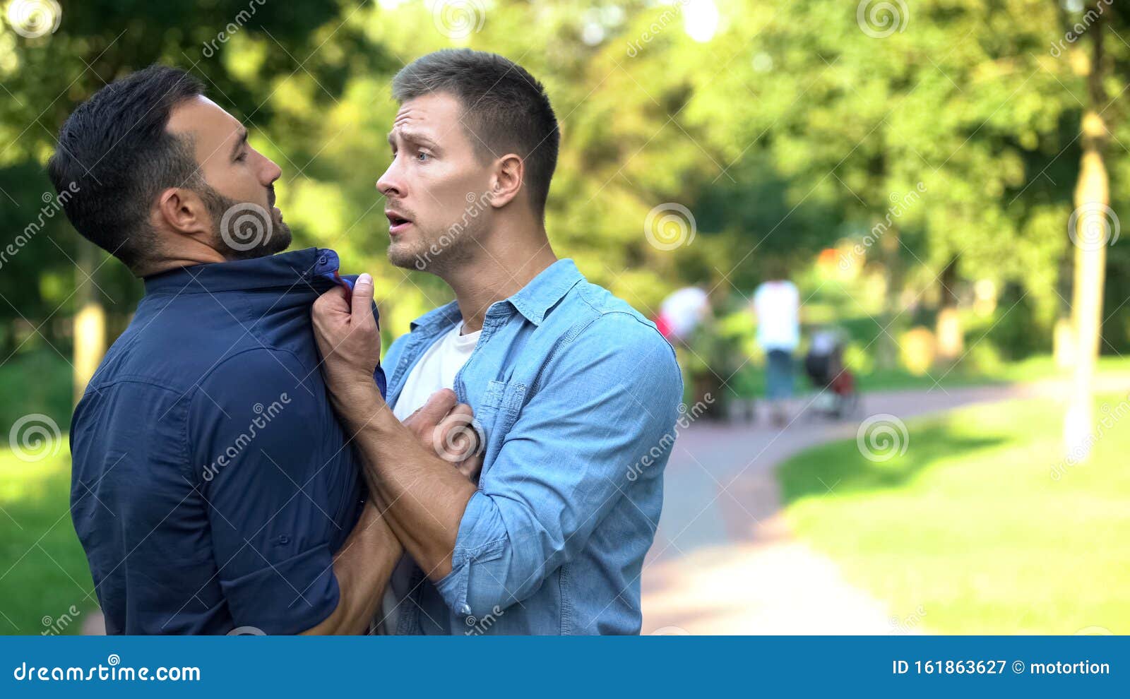 Angry Man Pushing Threatening Male Outdoors Solving Problem Force ...