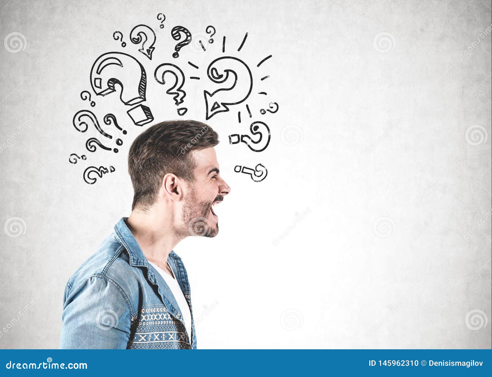 Angry Man Shouting, Question Marks Stock Photo - Image of mock, people ...