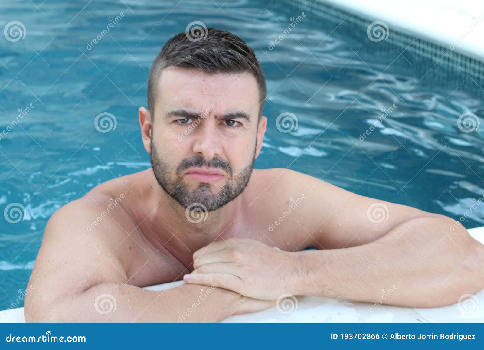 Angry man in swimming pool stock photo. Image of outdoors - 193702866