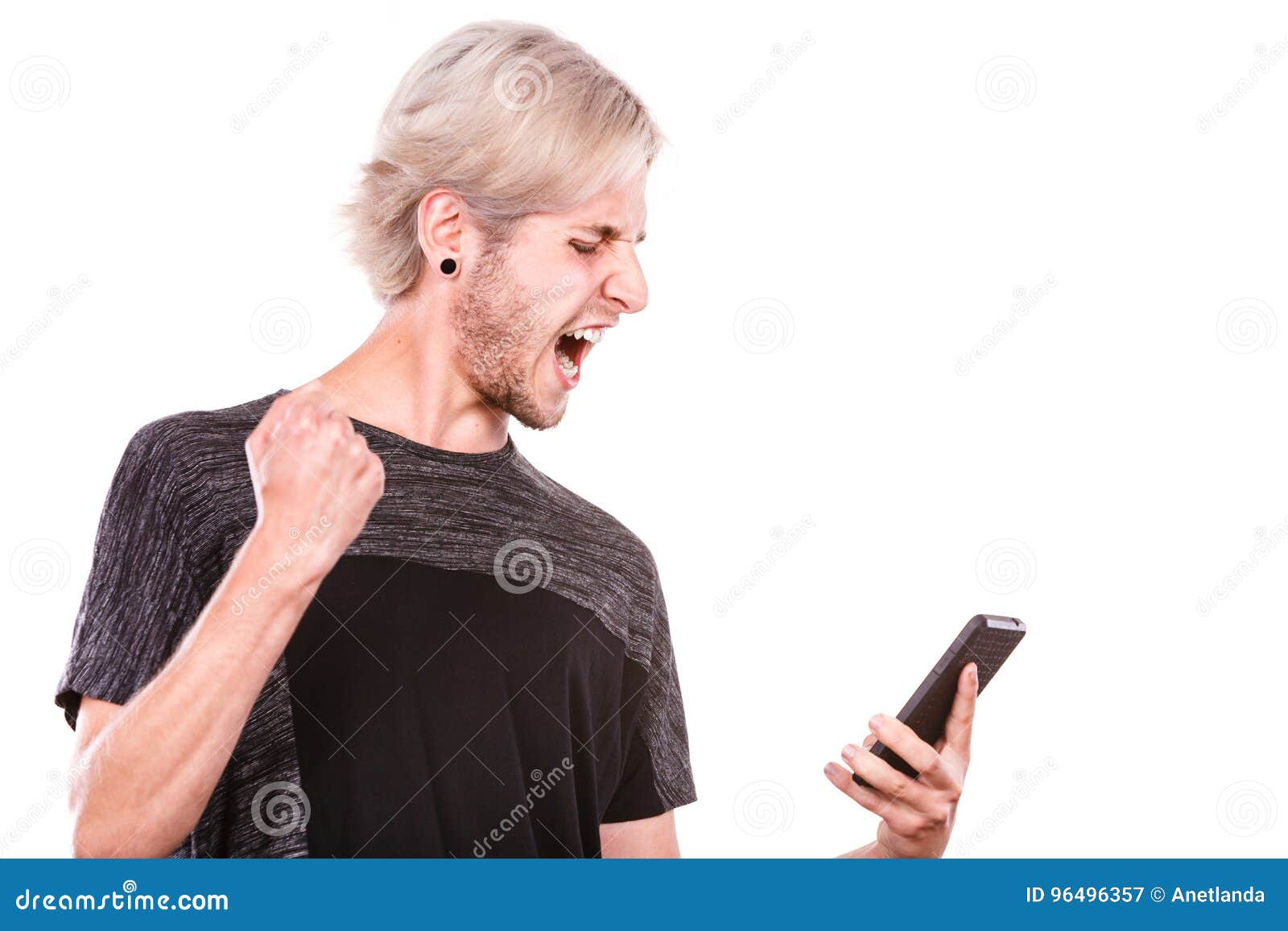 Angry Man Using Mobile Phone Read Message Stock Image - Image of ...