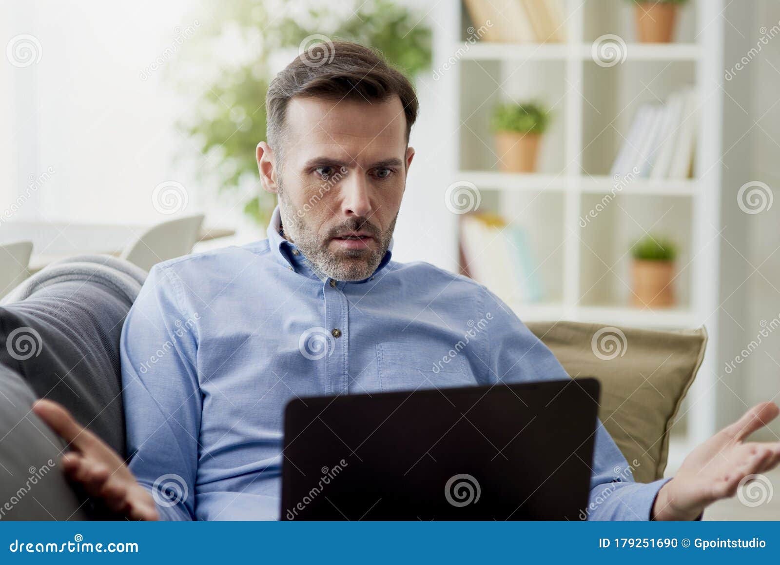 Angry Man Working Home on a Computer. Stock Photo - Image of ...