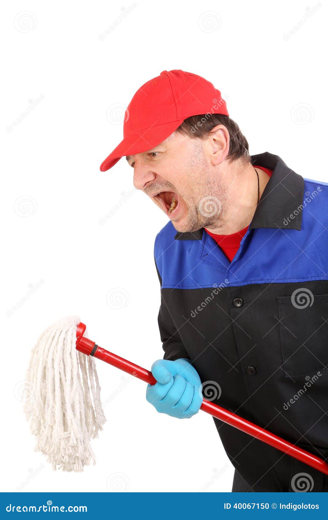 Angry Man In Workwear With Mop Stock Photo - Image: 40067150