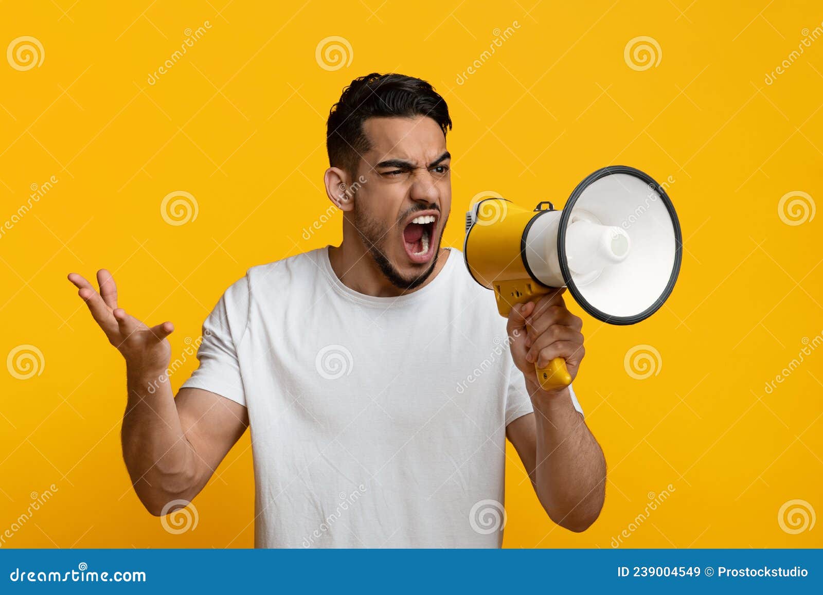 Angry Middle Eastern Guy with Loudspeaker Gesturing Stock Image - Image ...