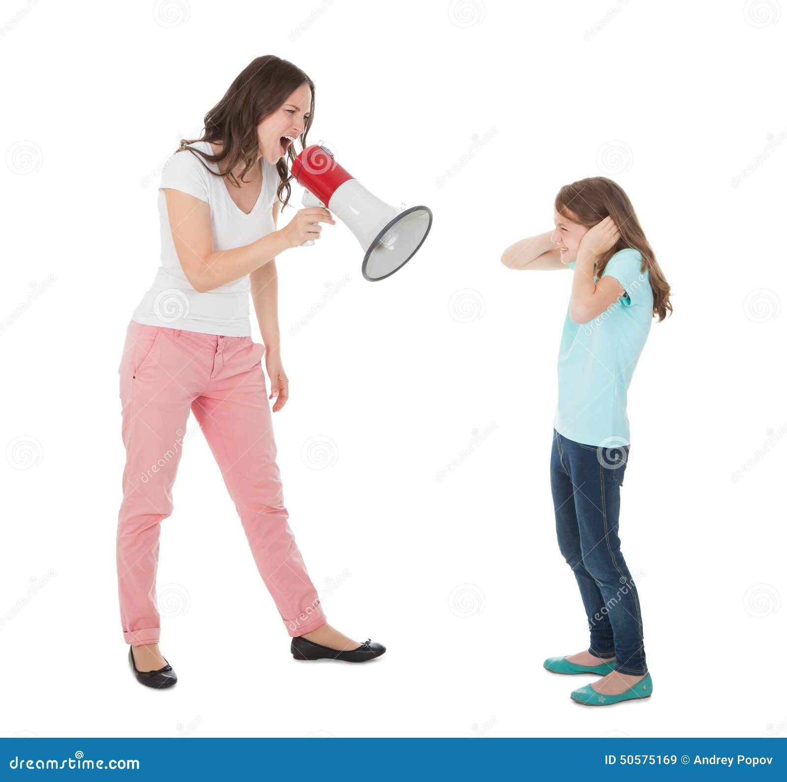 Angry Mother Shouting Through Megaphone At Daughter Stock Image Image