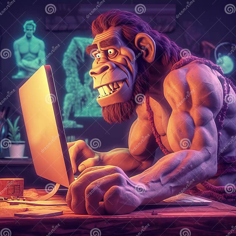 Angry Neanderthal Sitting in Front of Computer. Image is Generated with ...