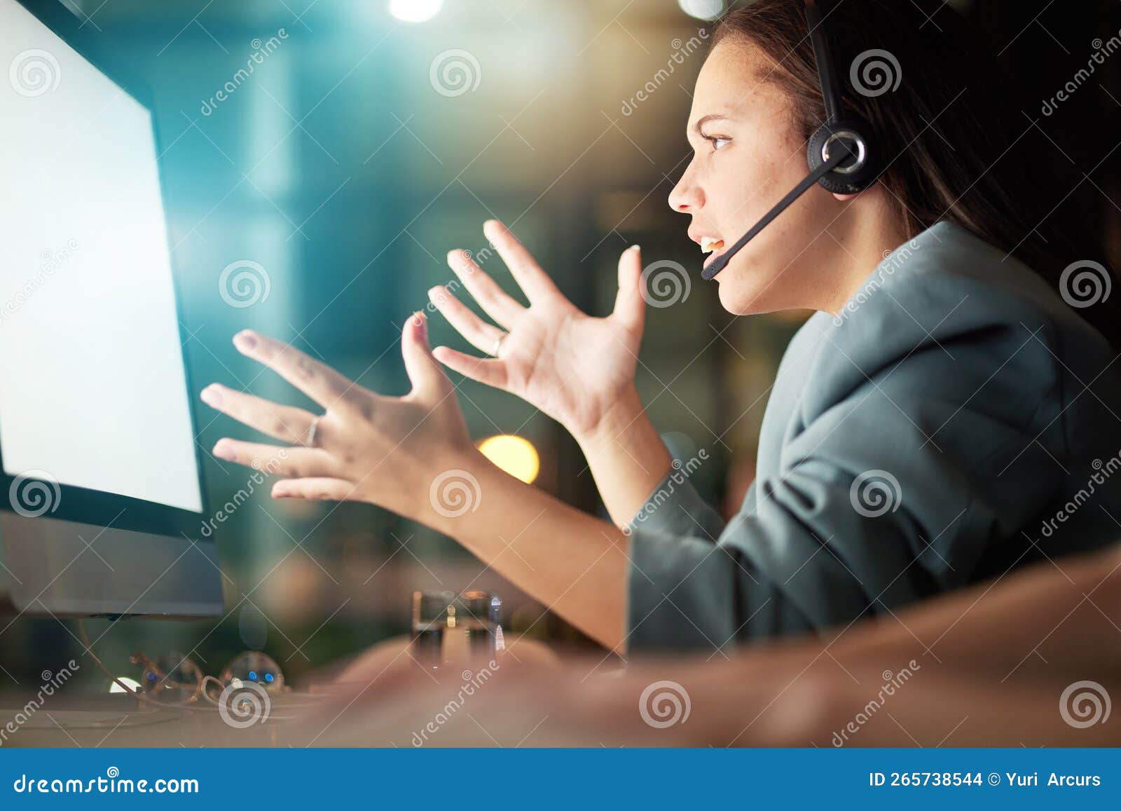 Angry, Night Call Center and Woman on Computer Screen in Global Virtual ...