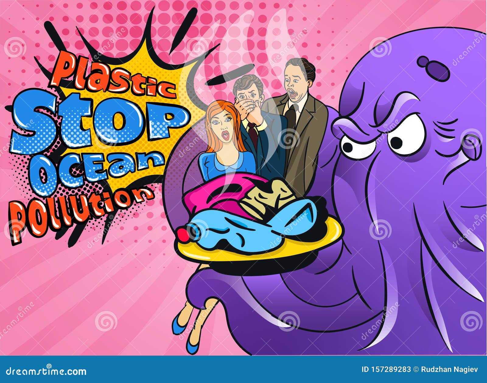 Angry Octopus Holding A Plate Of Plastic Waste And Discarded Packaging ...