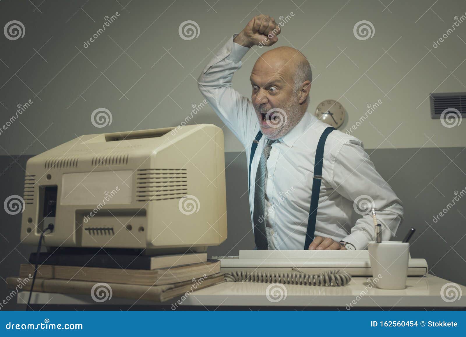 Angry Office Worker Hitting His Outdated Computer Stock Photo - Image ...