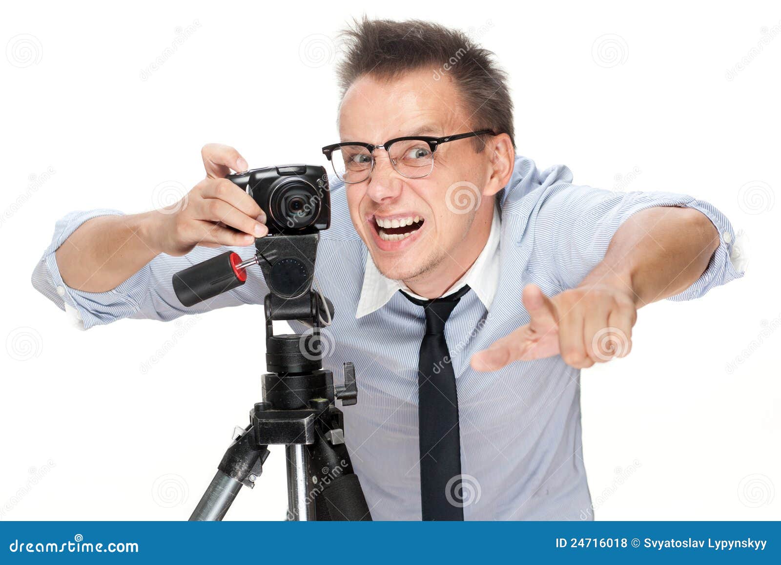 Angry Photographer with Camera on White Stock Photo - Image of ...