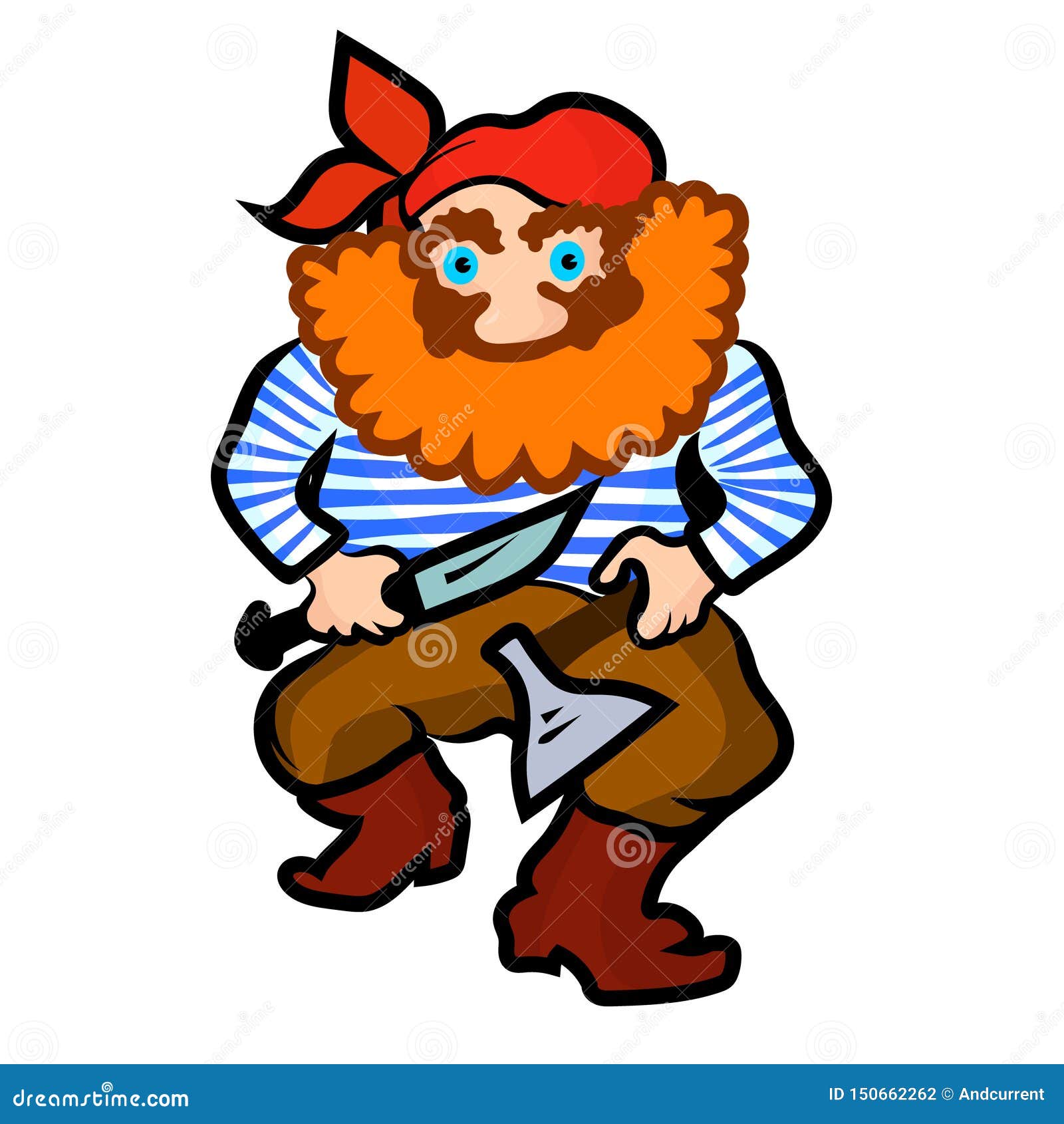 Angry Pirate with Axe and Dagger. Vector Cartoon Color Drawn ...