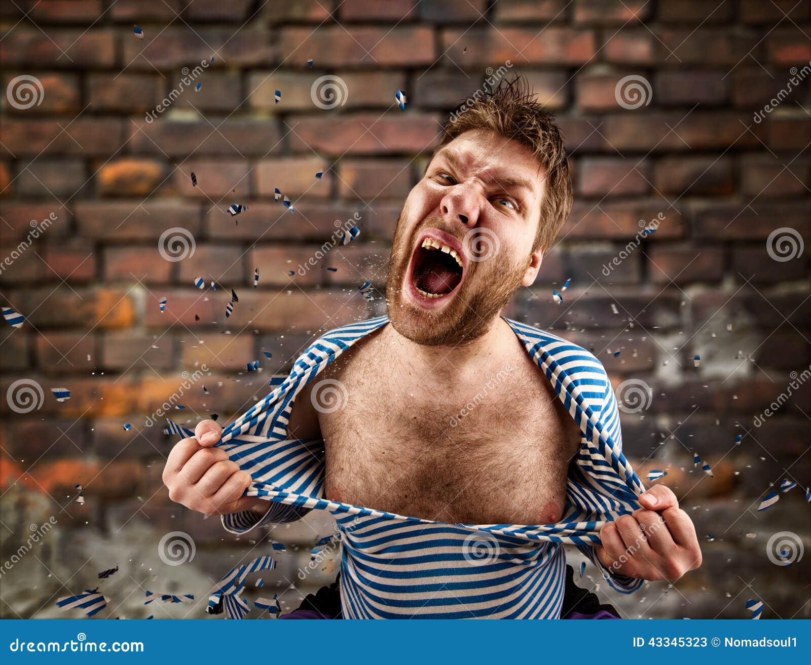 Angry Prisoner Wearing Prison Uniform Holding Aluminum Dishes In ...