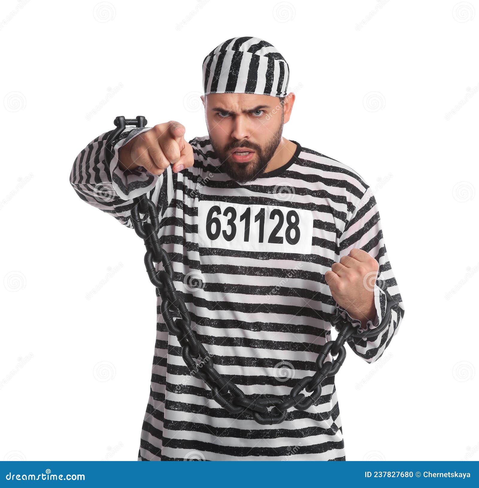 Angry Prisoner in Special Uniform with Chained Hands on White ...