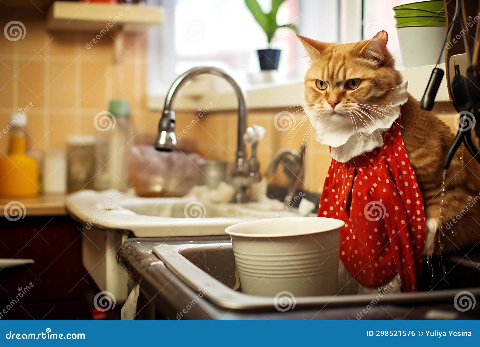 Angry Red Cat in an Apron Washes Dishes in a Home Kitchen. Stock Photo ...