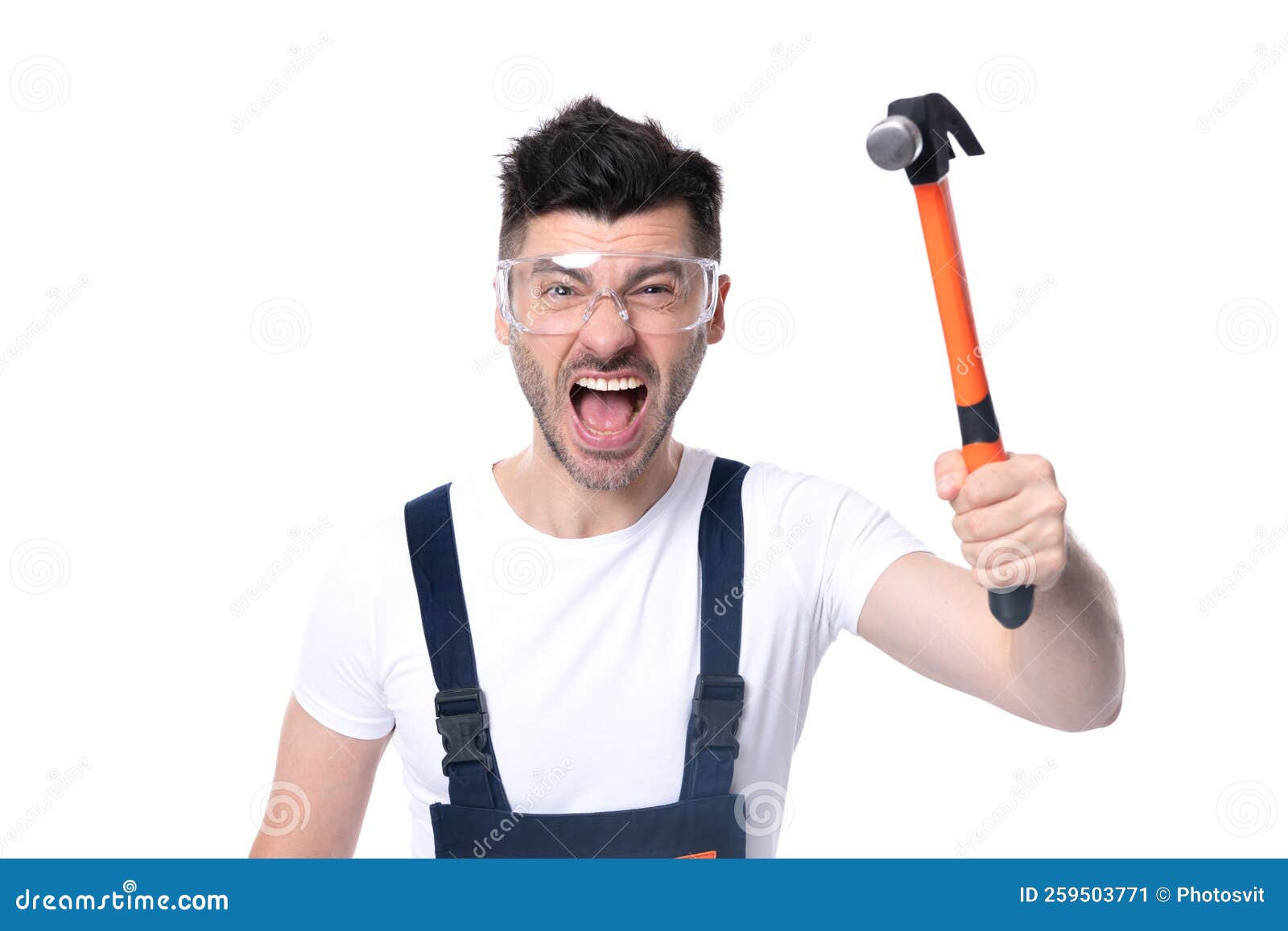 Angry Repairman Using Hammer Tool. Repairman with Hammer in Studio ...