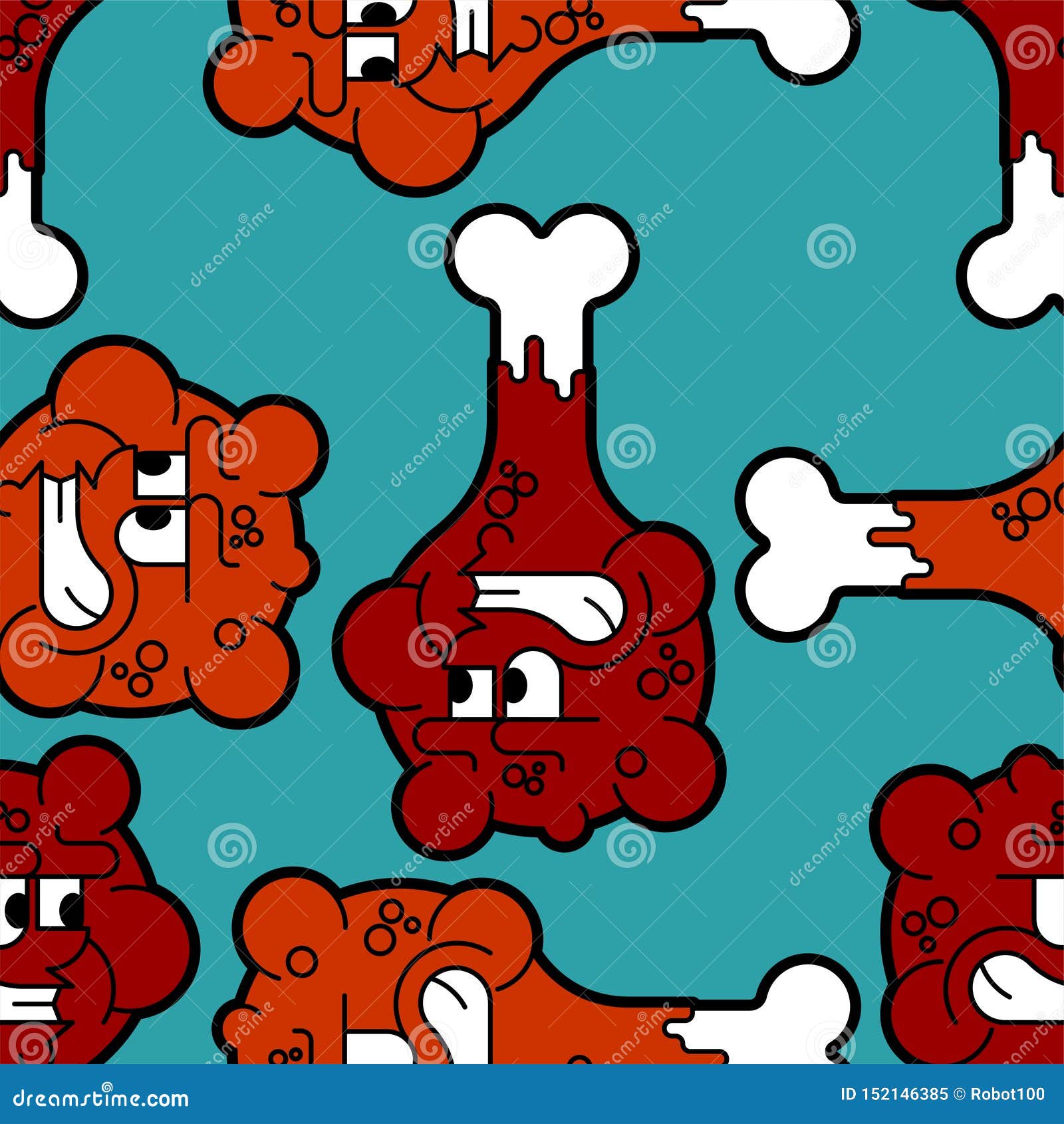 Angry Roasted Chicken Leg Pattern Seamless. Evil Food Background Vector ...