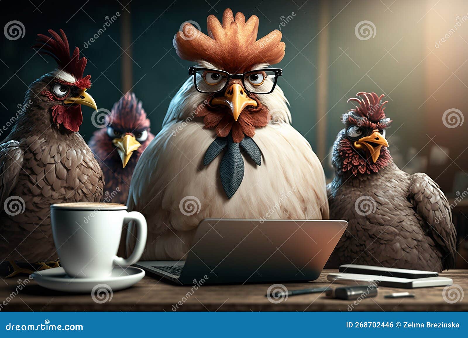 Angry Rooster Boss and Three Hens Behind a Laptop, Office Work Concept ...