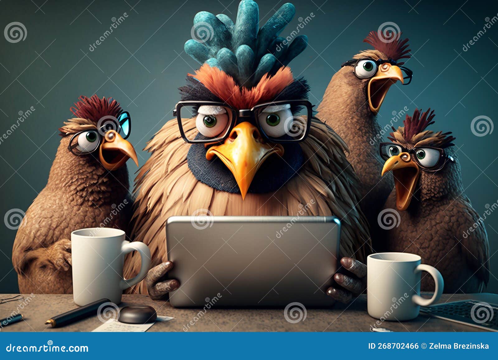 Angry Rooster Boss and Three Hens Behind a Laptop, Office Work Concept ...