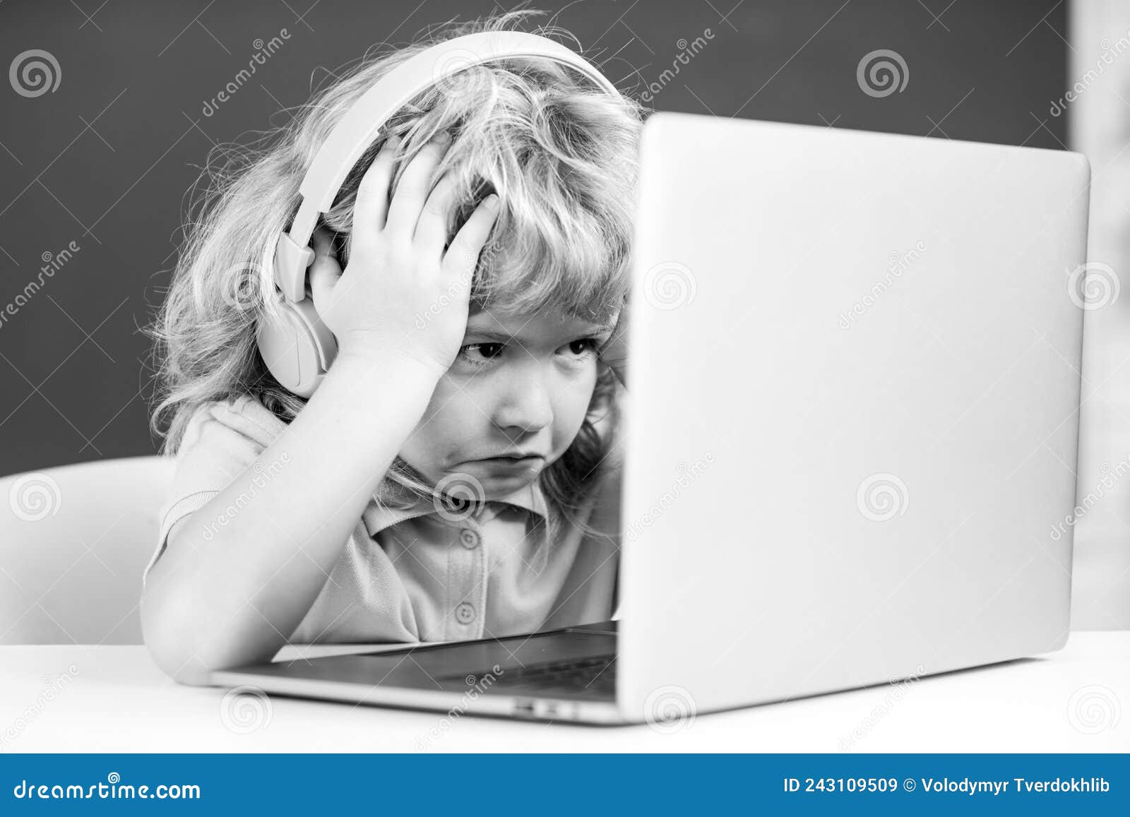 Angry Sad School Kid Working in Computer Class. Little Funny System ...