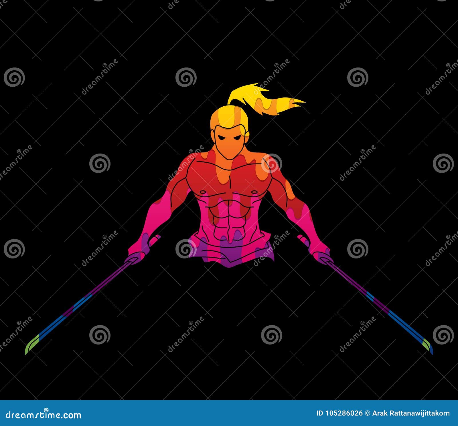 Angry Samurai Standing With Swords Front View Sign Graphic Vector ...