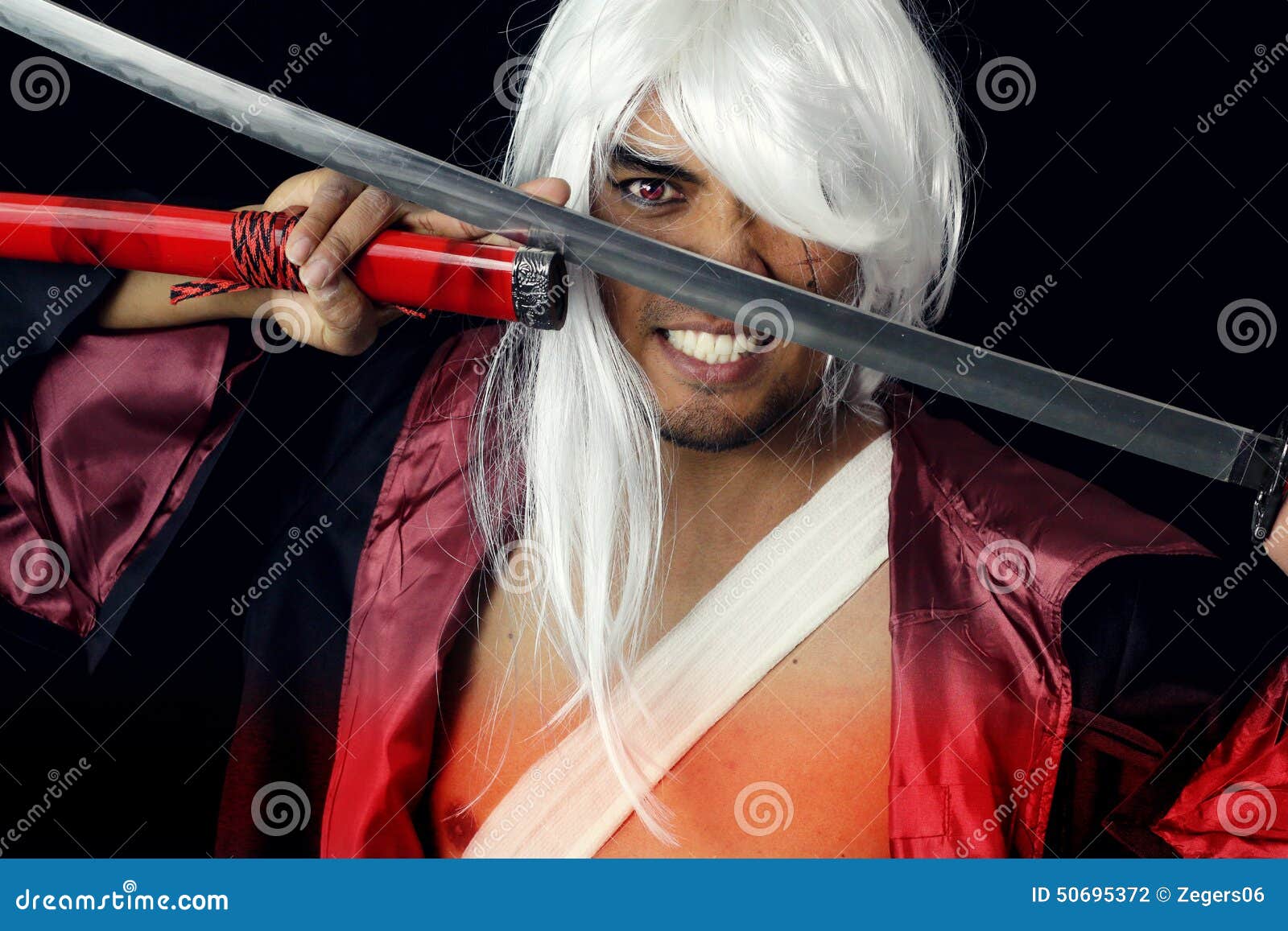 Angry Samurai In Armor Using Laptop On Dark Background Royalty-Free ...