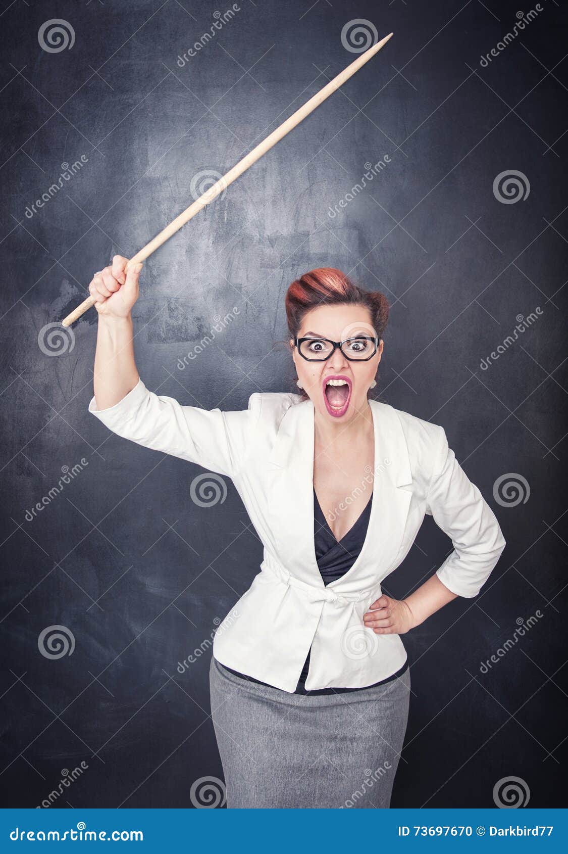 Angry Screaming Teacher With Pointer On Blackboard Background Stock ...