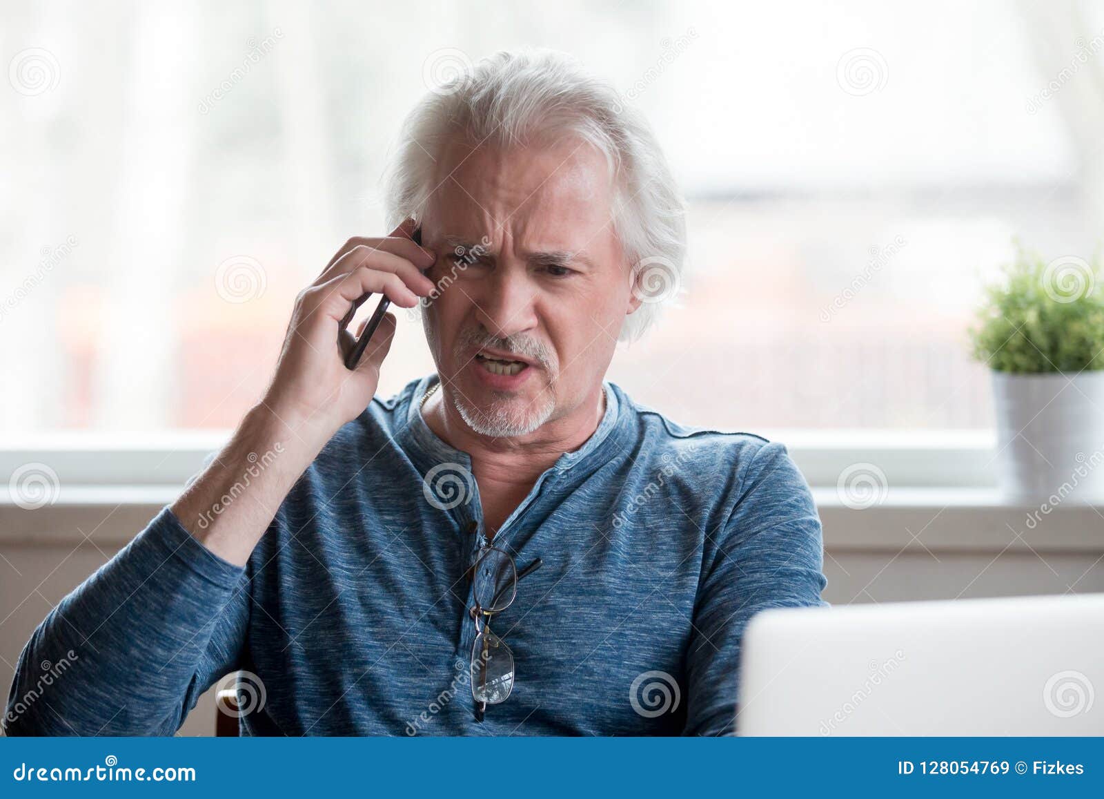 Angry Senior Man Arguing Talking on Phone Complaining on Problem Stock ...