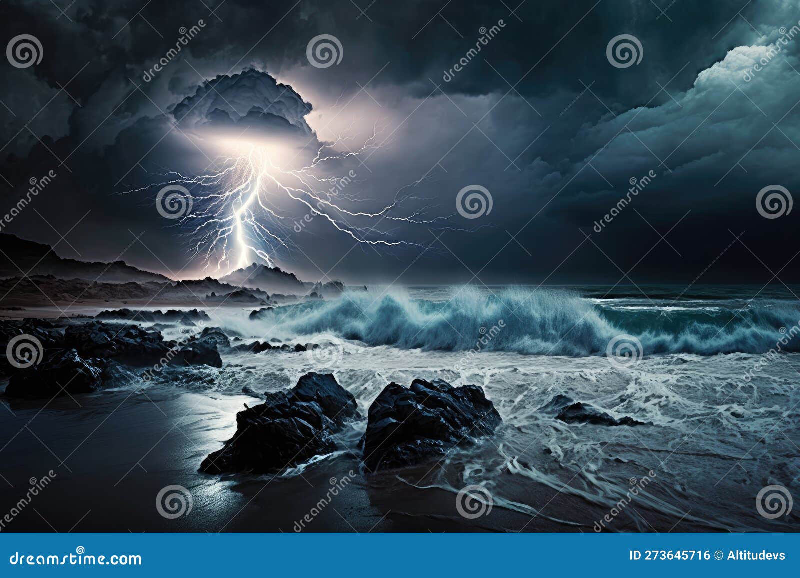 Angry Storm on the Ocean Coast, with Thunder and Lightning Stock Illustration - Illustration of ...