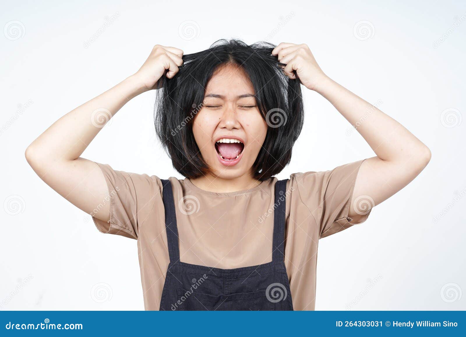 Angry Stressed And Pull Hair Of Beautiful Asian Woman Isolated On White