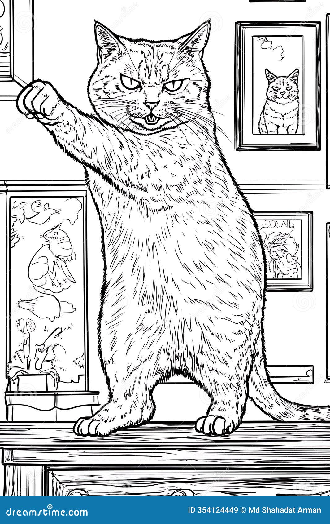 Angry Tabby Cat Standing on Table, Paws Raised Stock Illustration ...