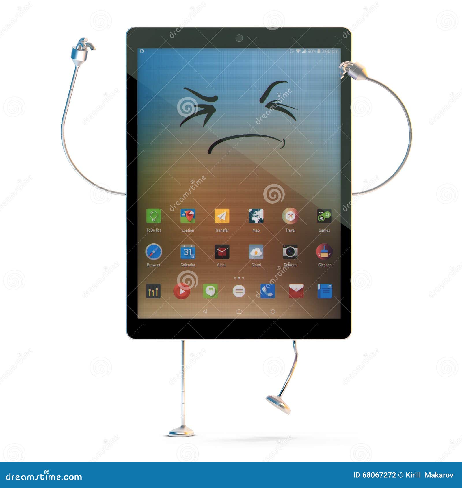 Angry Tablet Cartoon Character With Katana Sword. 3D Illustration ...