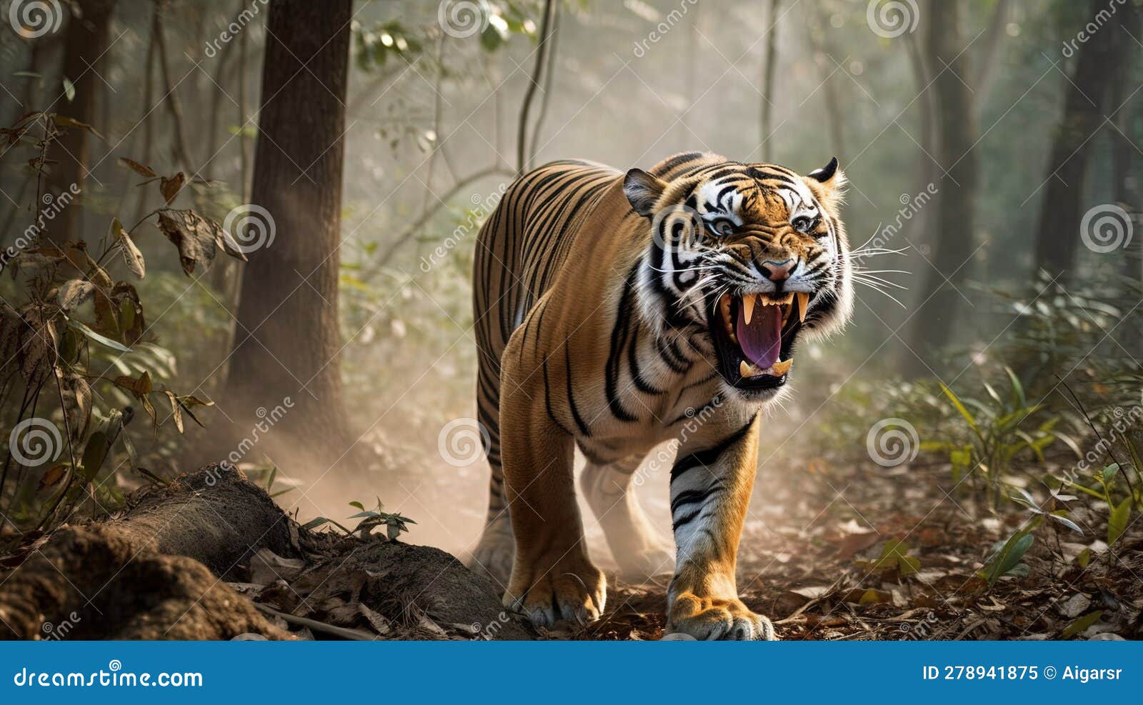 Angry Tiger Running in the Forest Stock Illustration - Illustration of ...