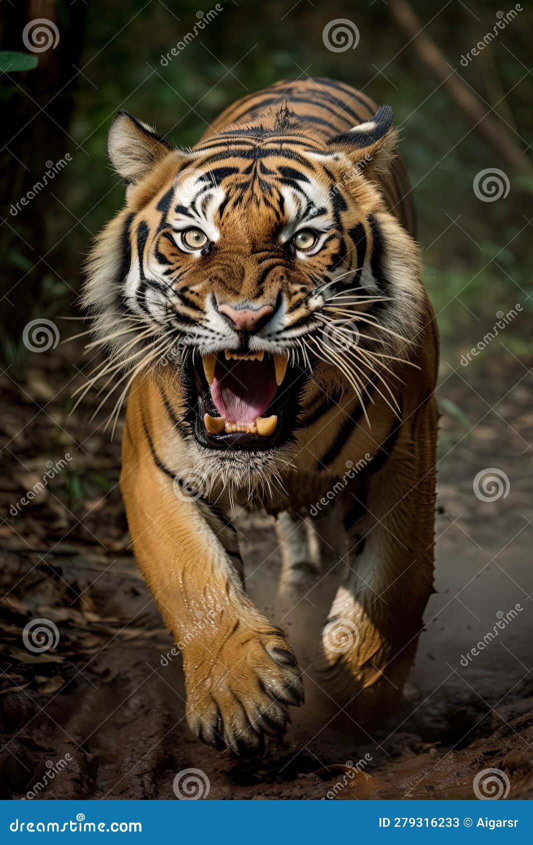 Angry Tiger Running through Forest Stock Illustration - Illustration of ...