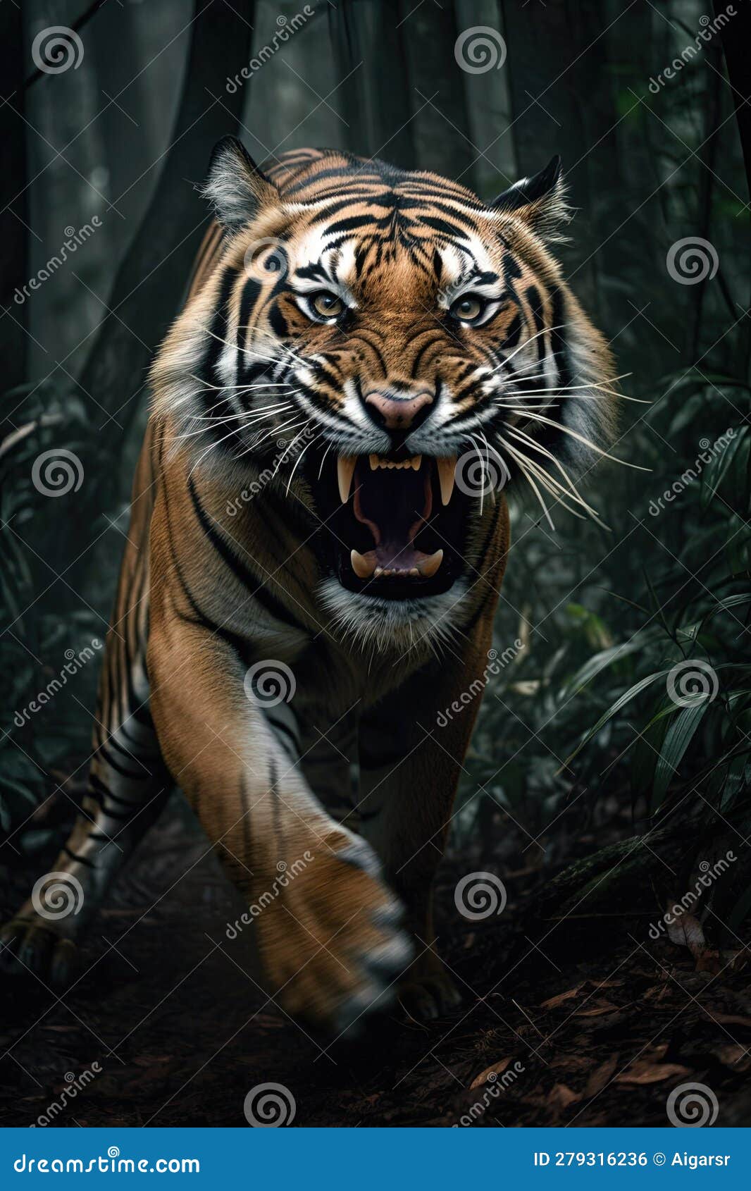 Angry Tiger Running through Forest Stock Illustration - Illustration of ...