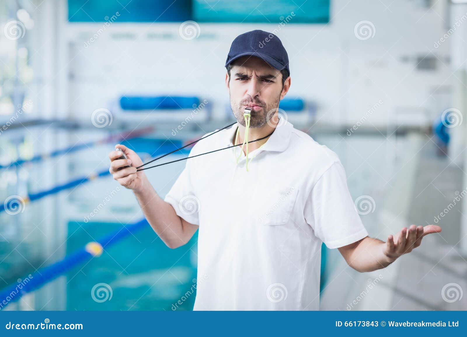 Angry Trainer Blowing Whistle and Holding Stopwatch Stock Image - Image ...