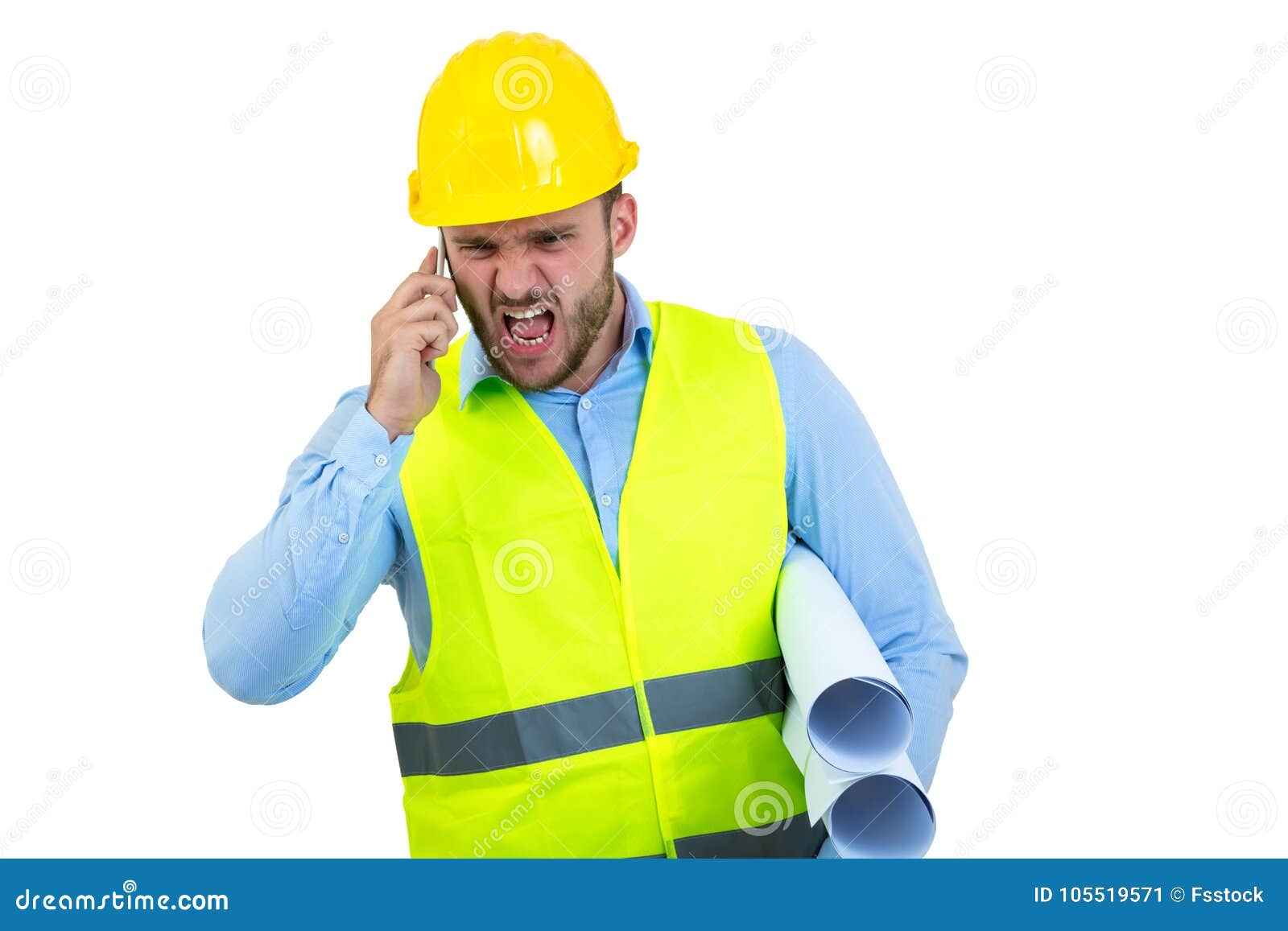 Angry Upset Young Construction Engineer Yeling at the Phone Stock Image ...