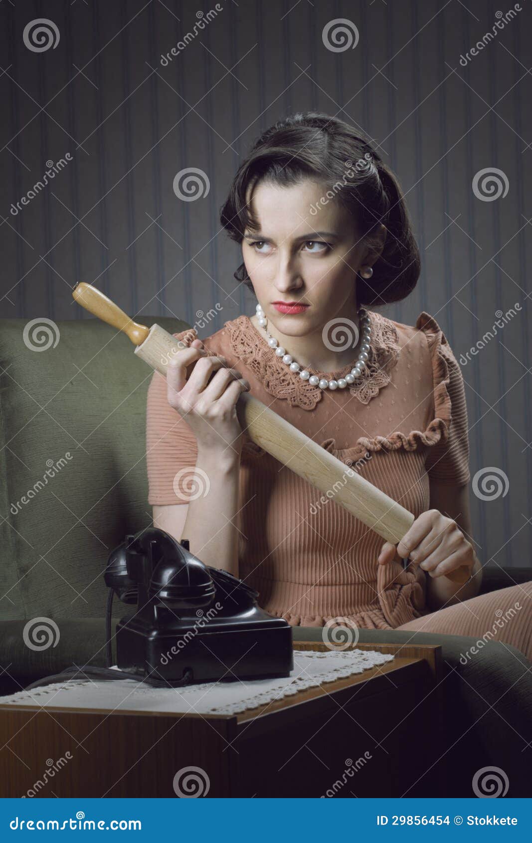 Angry Wife Waiting for Her Husband Stock Photo - Image of retro ...