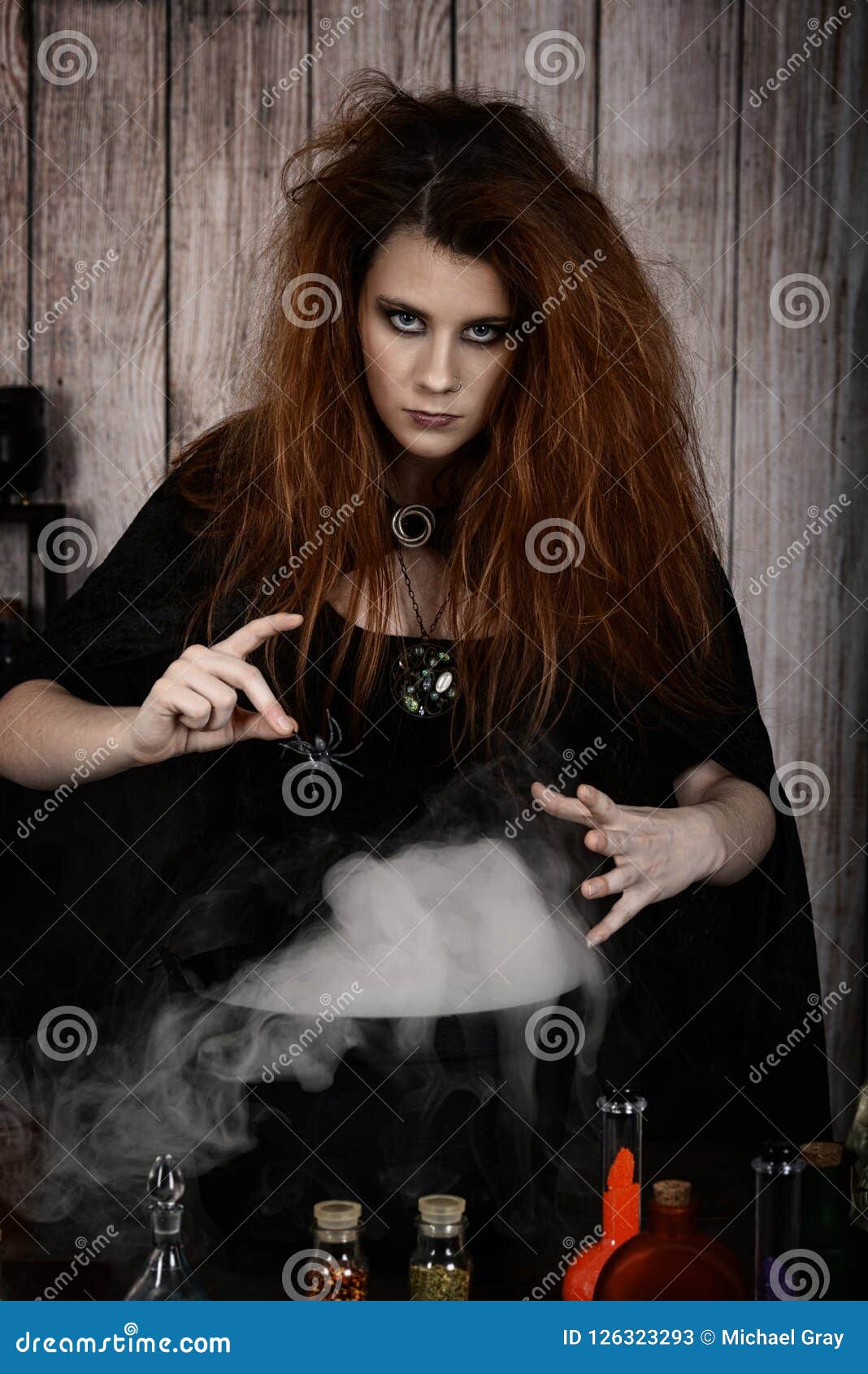 Angry Witch Making a Magic Potion an Adding a Spider Stock Image ...