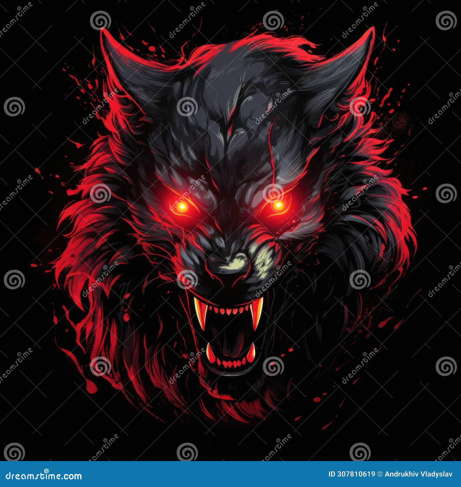 Angry Wolf with Red Eyes on a Black Background Stock Illustration ...