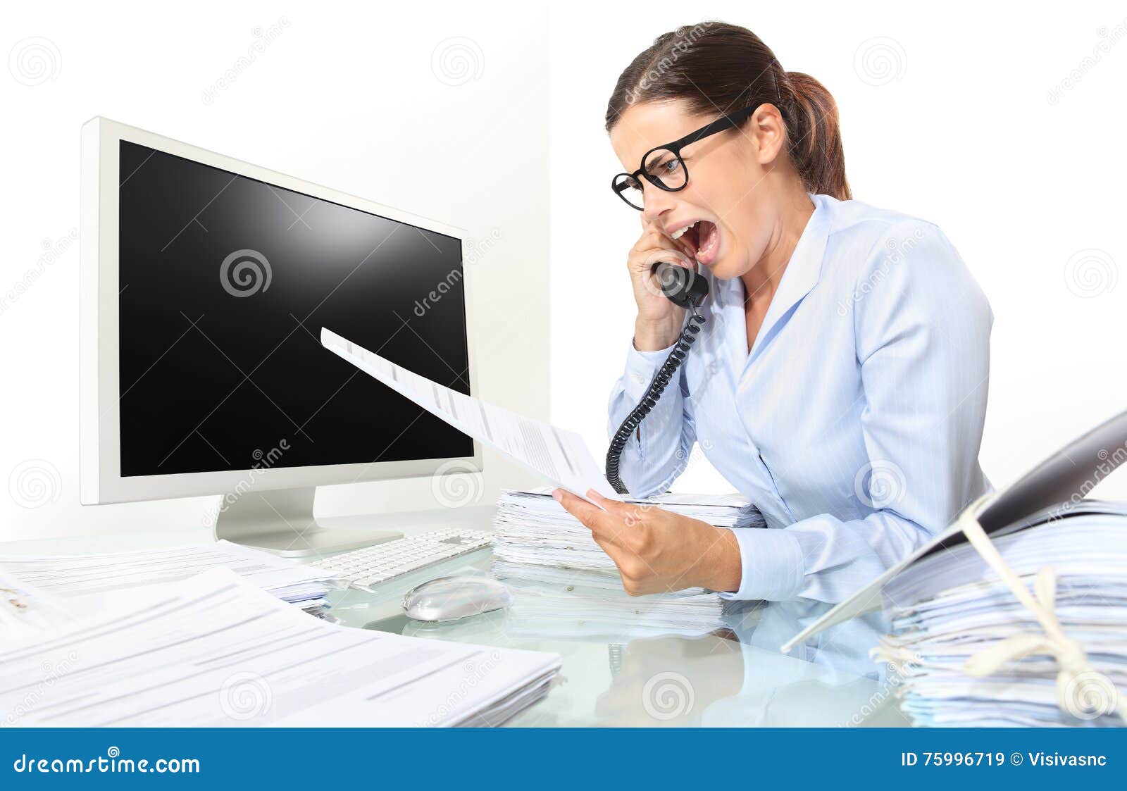 Angry Woman at Phone in Office Desk with Computer and Documents Stock ...