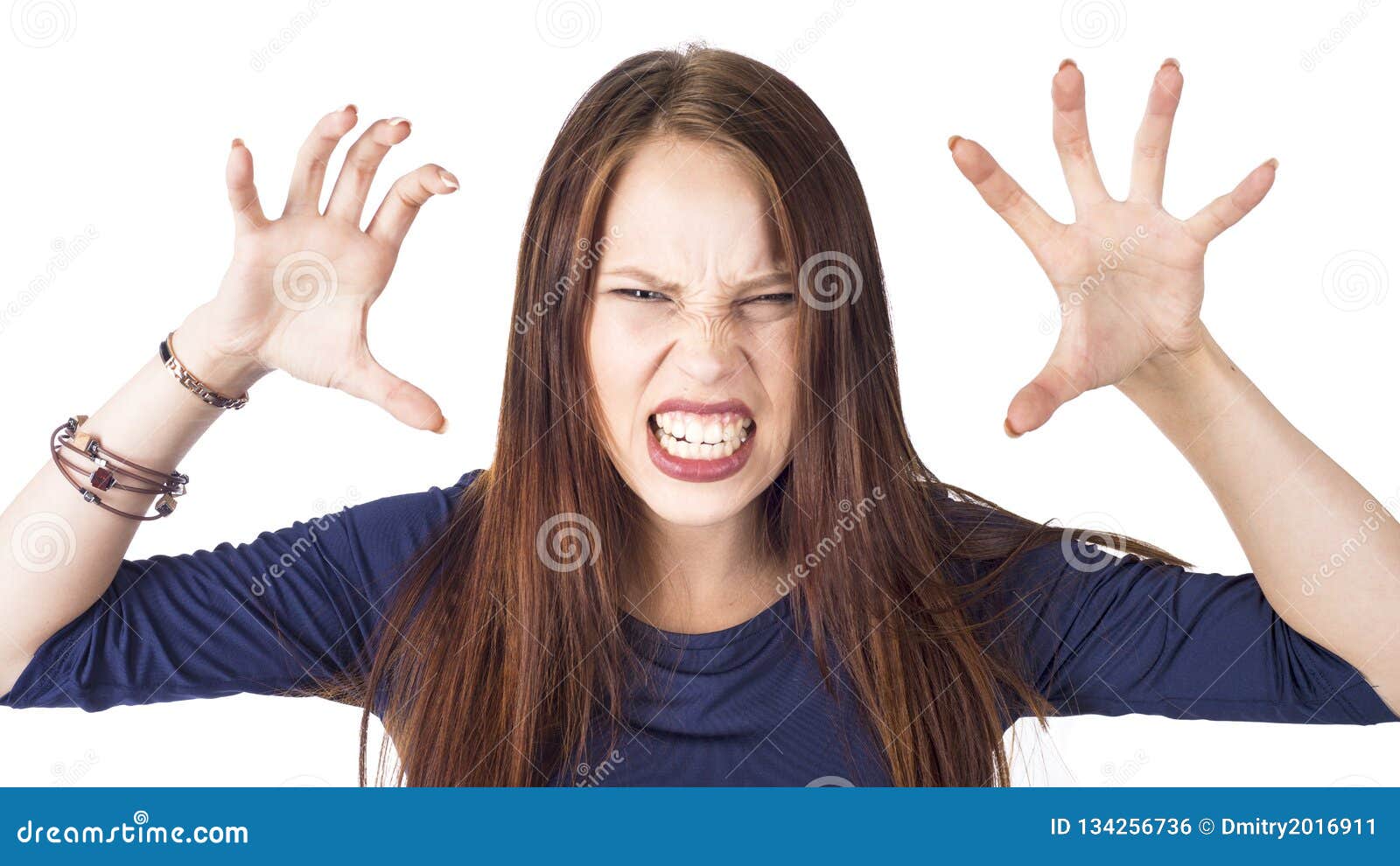 Angry Woman with Raised Hands Isolated on White Background Stock Photo ...