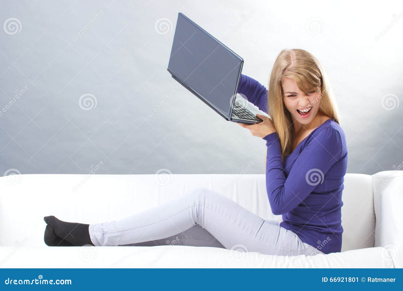 Angry Woman Sitting on Sofa and Throwing Laptop, Computer Problem Stock ...