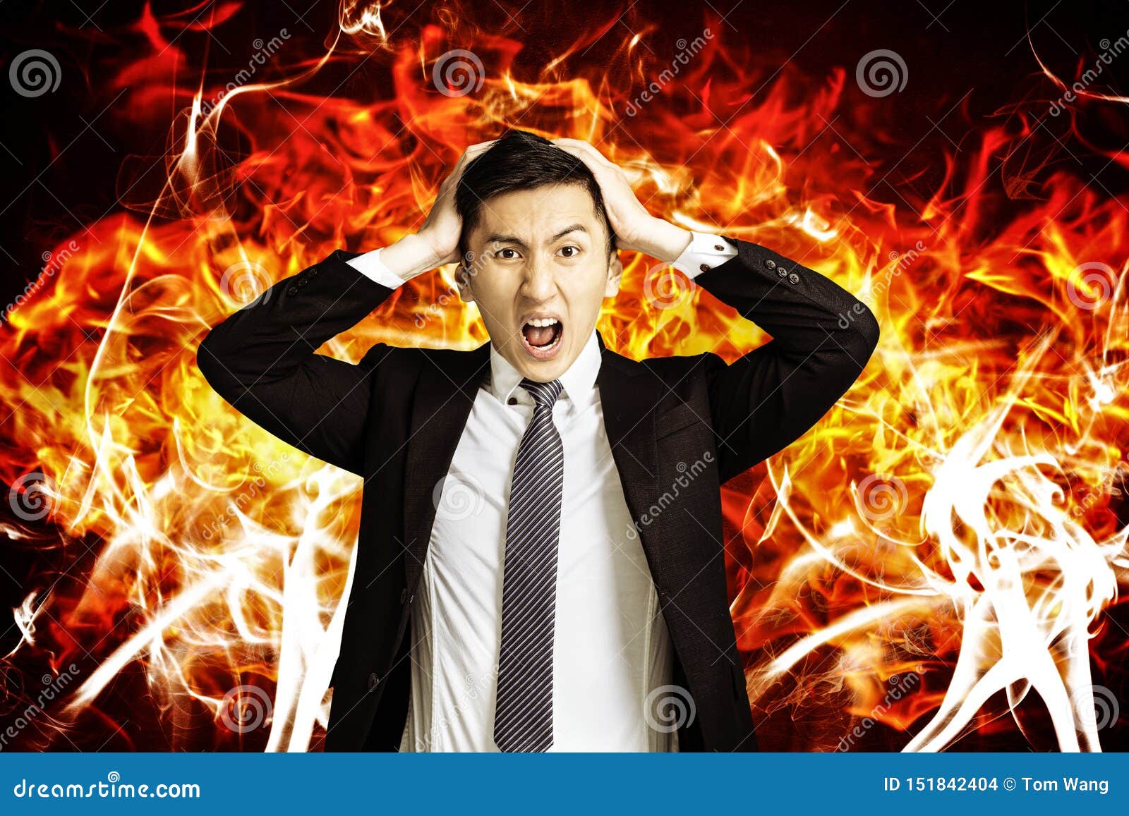 Angry Young Business Man With Burning Fire Background Stock Photography ...