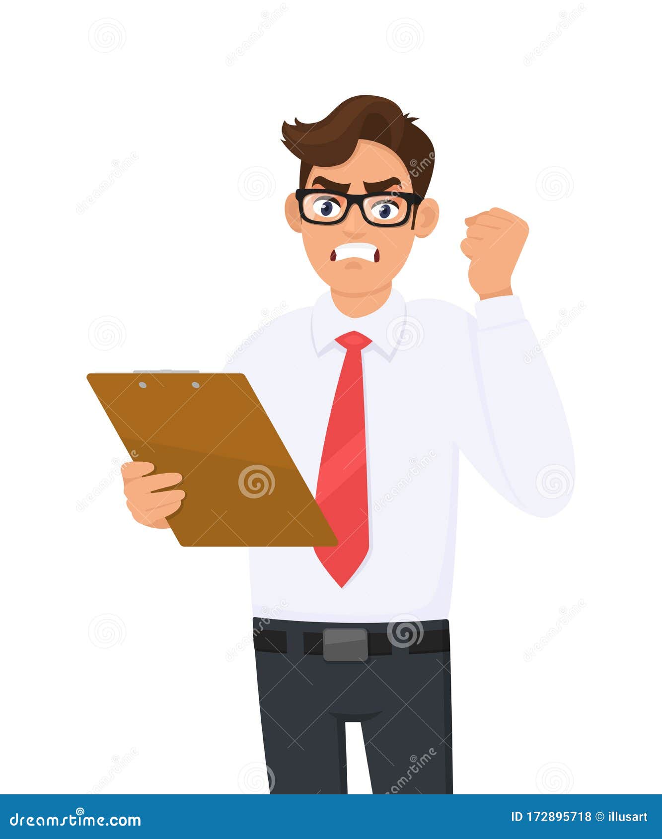 Angry Young Business Man Holding Clipboard And Showing Raised Arm Sign