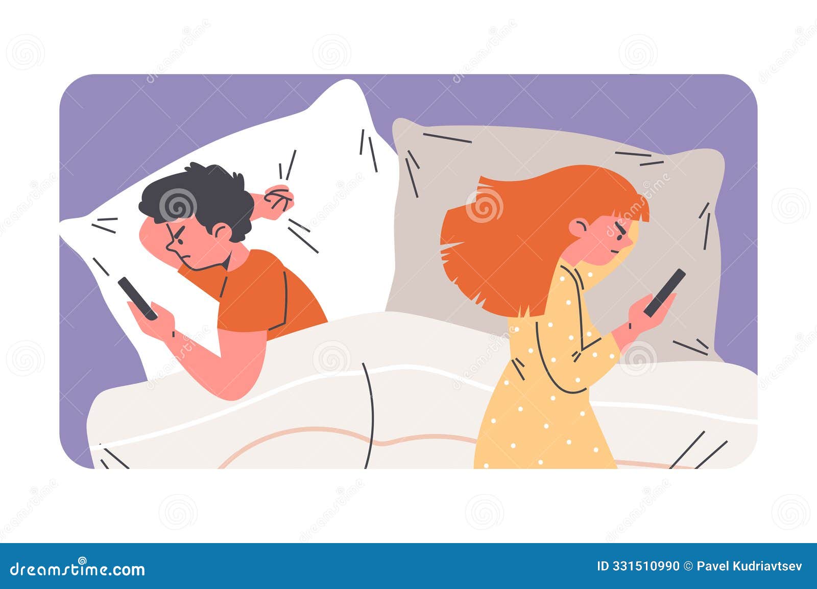 Angry Young Couple Lying Apart in the Bed Using Smartphones, Intimate ...