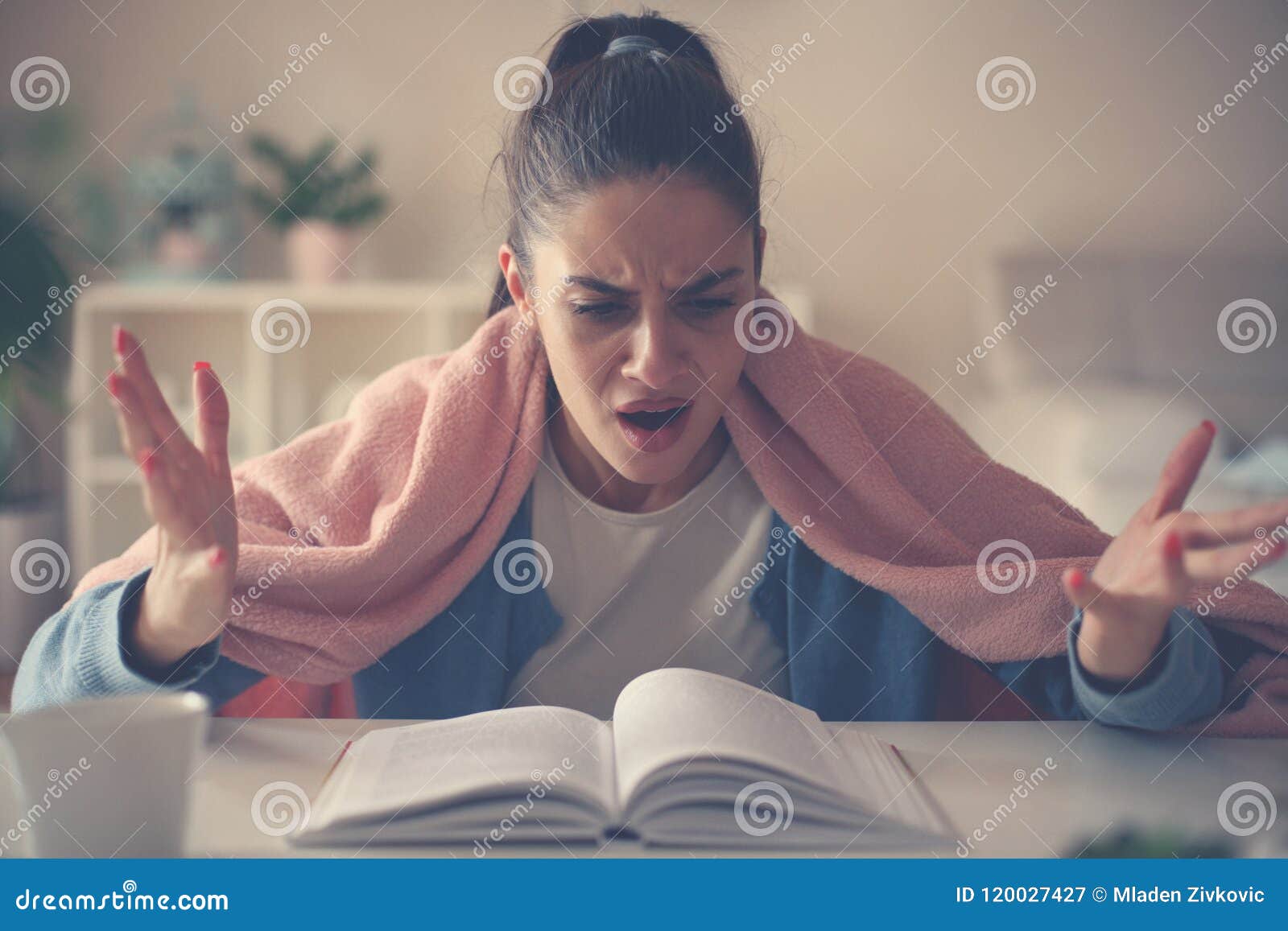 Young Girl at Home Reading Book. Stock Image - Image of screaming ...